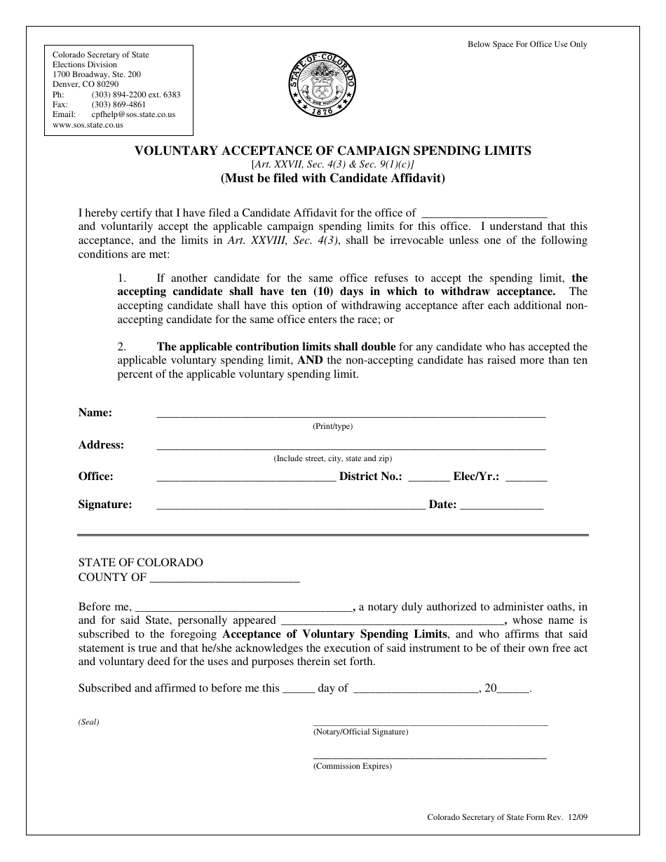Colorado Voluntary Acceptance of Campaign Spending Limits - Fill Out ...