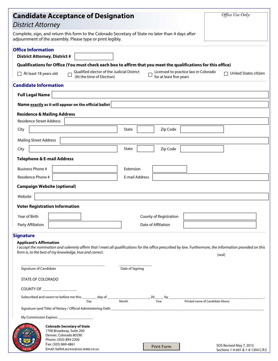 Colorado Candidate Acceptance of Designation - District Attorney - Fill ...