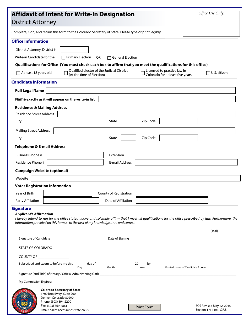 Colorado Affidavit of Intent for Write-In Designation - District ...
