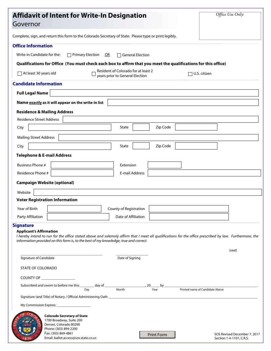 Colorado Affidavit of Intent for Write-In Designation - Governor - Fill ...