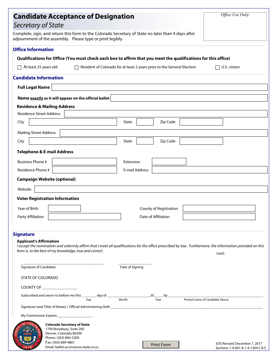 Colorado Candidate Acceptance of Designation - Secretary of State ...