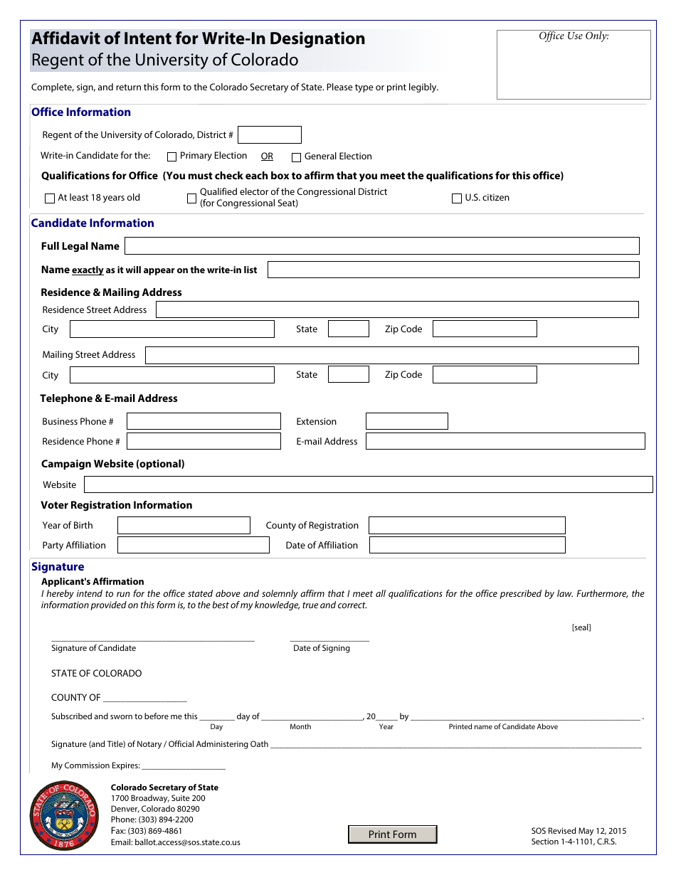Colorado Affidavit of Intent for Write-In Designation - Regent of the ...