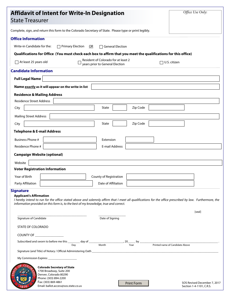 Colorado Affidavit of Intent for Write-In Designation - State Treasurer ...