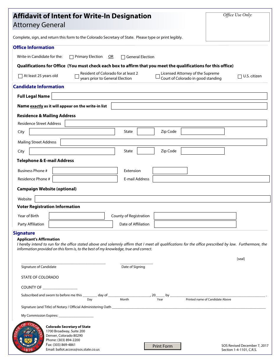 Colorado Affidavit of Intent for Write-In Designation - Attorney ...