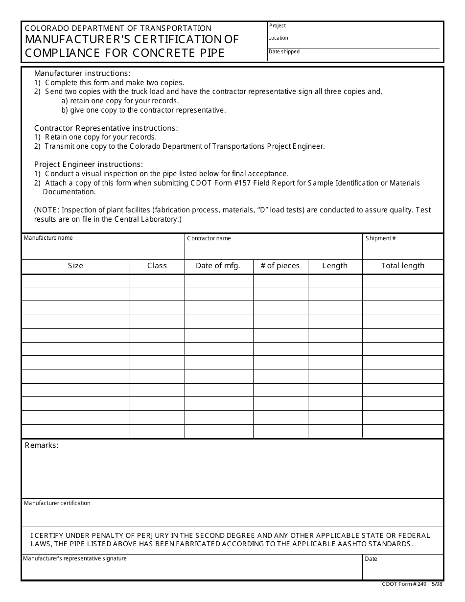 CDOT Form 249 - Fill Out, Sign Online and Download Printable PDF ...
