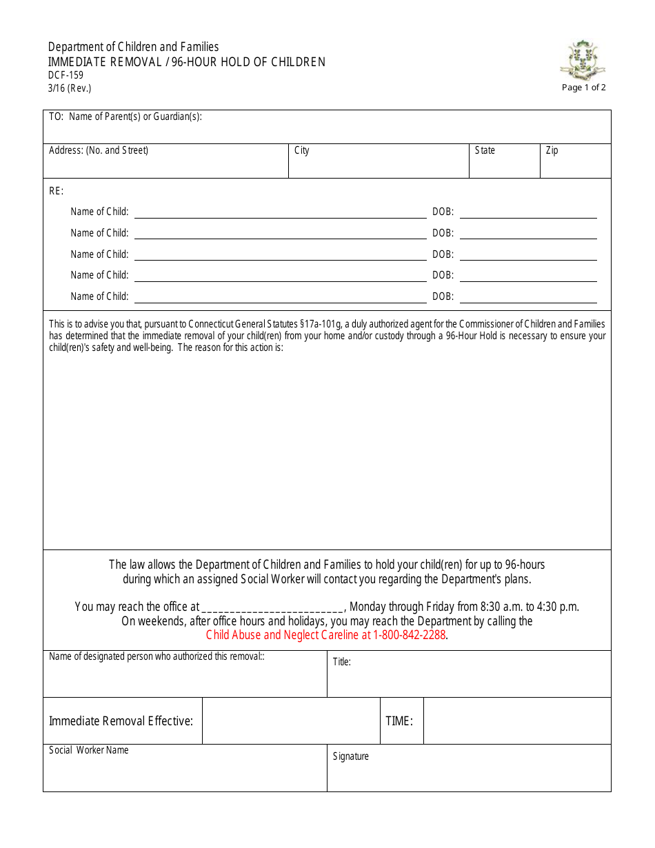 Form DCF-159 - Fill Out, Sign Online and Download Fillable PDF, Connecticut | Templateroller