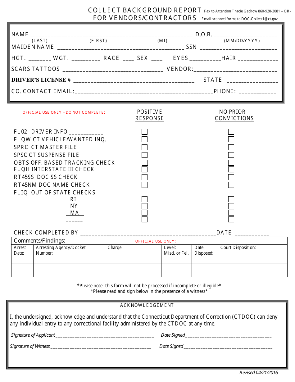 Connecticut Collect Background Report for Vendors/Contractors - Fill ...