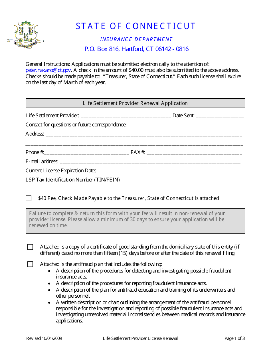 Connecticut Life Settlement Provider Renewal Application Form - Fill ...