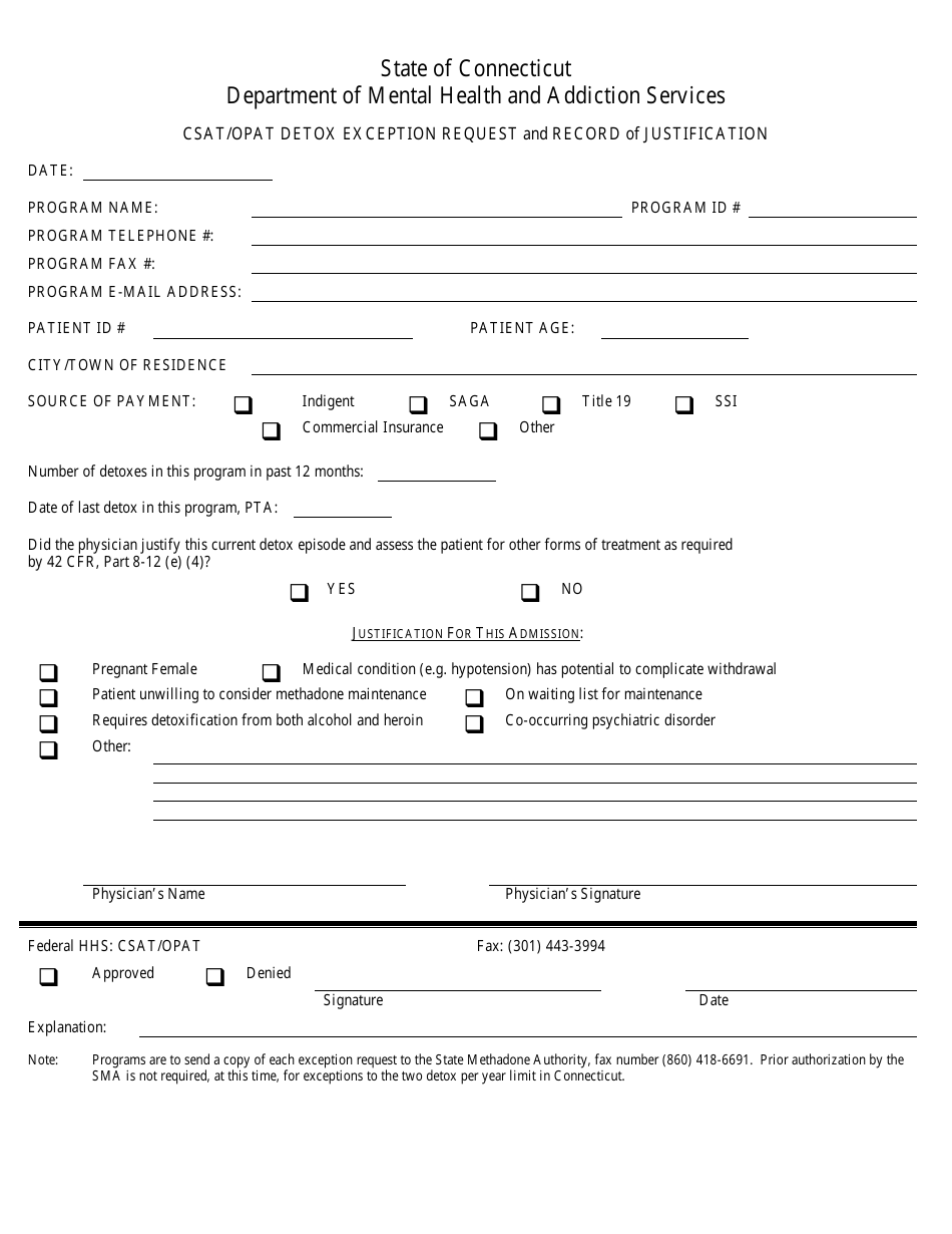 Connecticut Csat/Opat Detox Exception Request and Record of ...