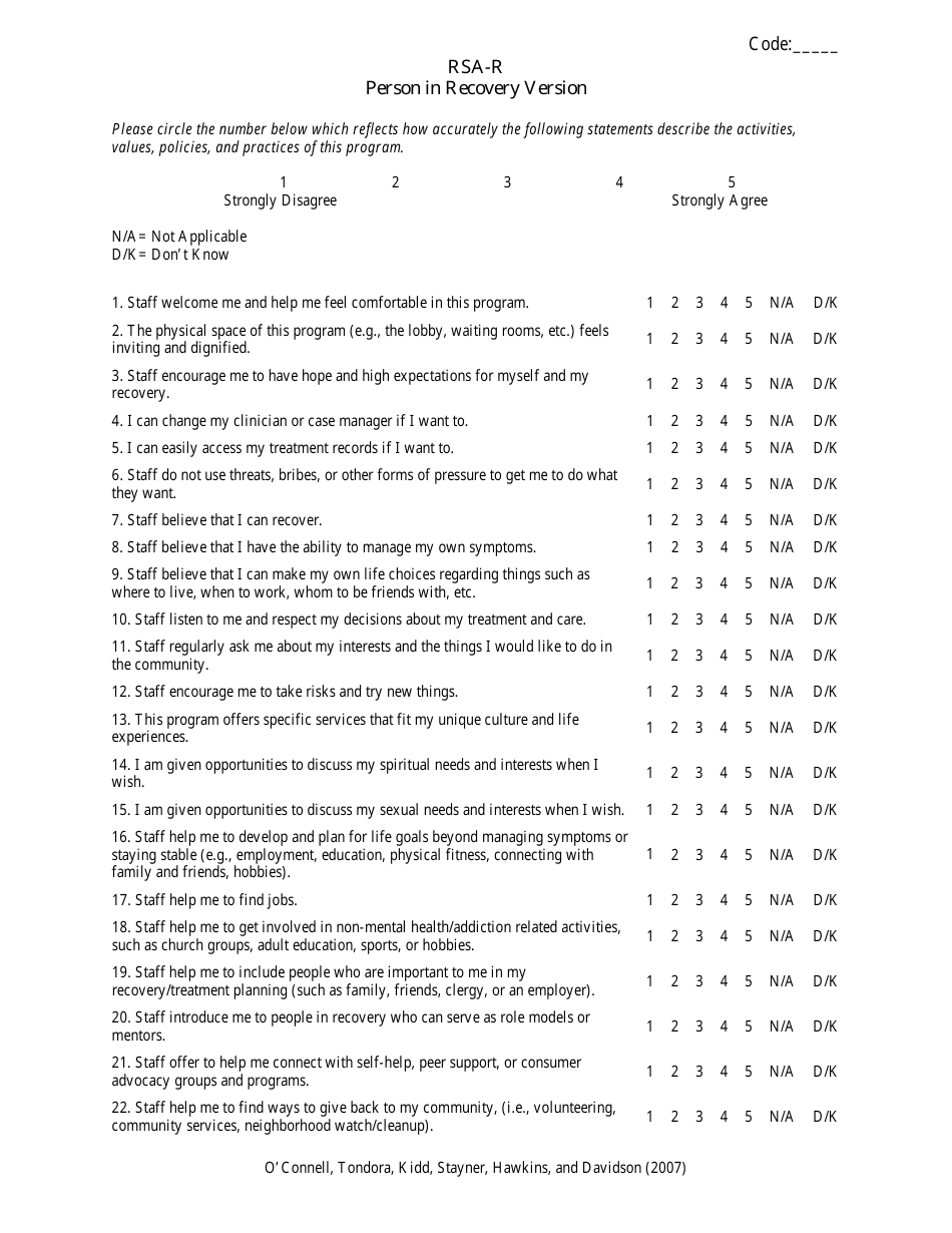 Rsa-R Person in Recovery Version Survey Template Download Printable PDF ...