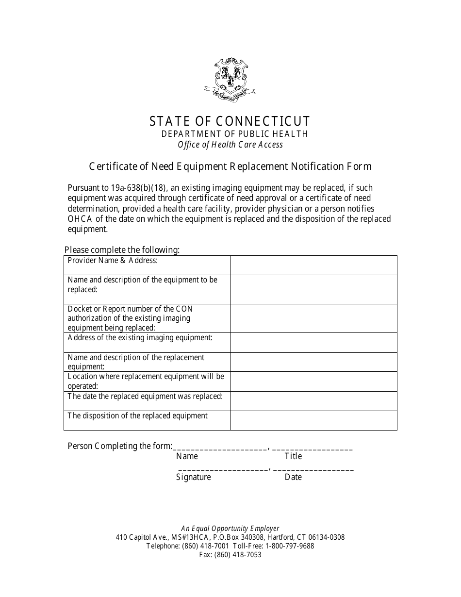 Connecticut Certificate of Need Equipment Replacement Notification Form ...