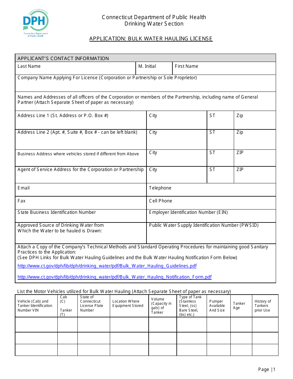 Connecticut Bulk Water Hauling License Application Form - Fill Out ...