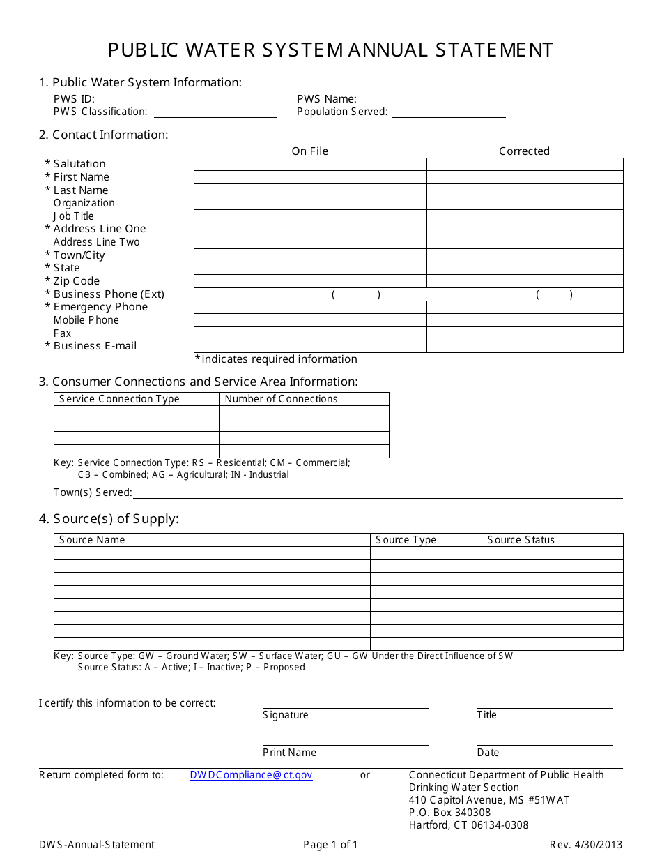 Connecticut Public Water System Annual Statement Download Fillable PDF ...