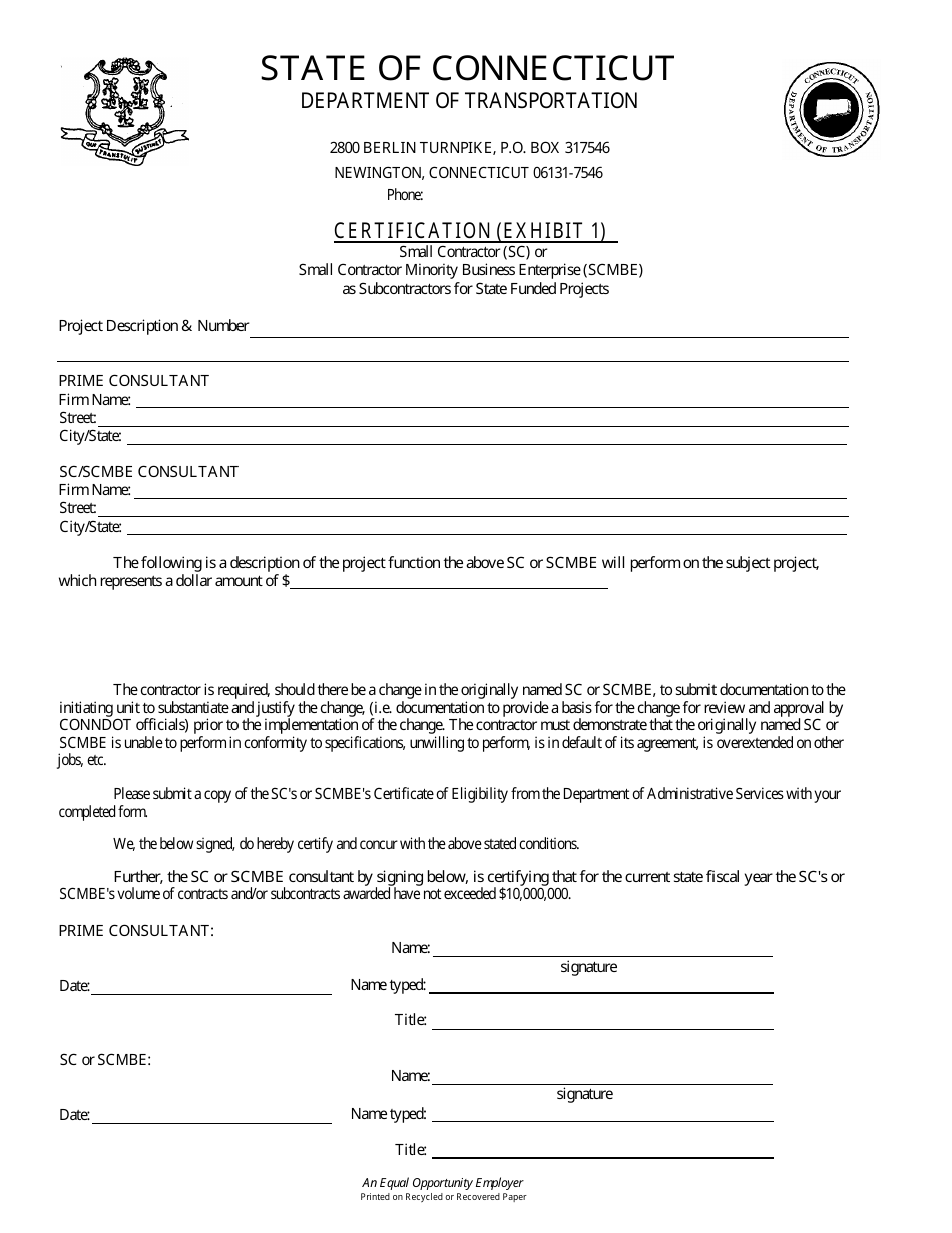 Connecticut Certification (Exhibit 1) - Small Contractor (Sc) or Small ...