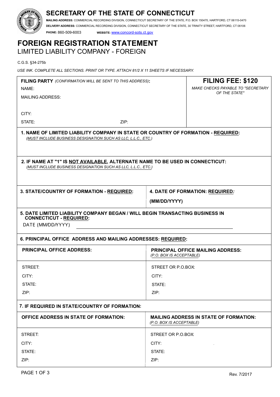 Connecticut Foreign Registration Statement Form - Limited Liability ...