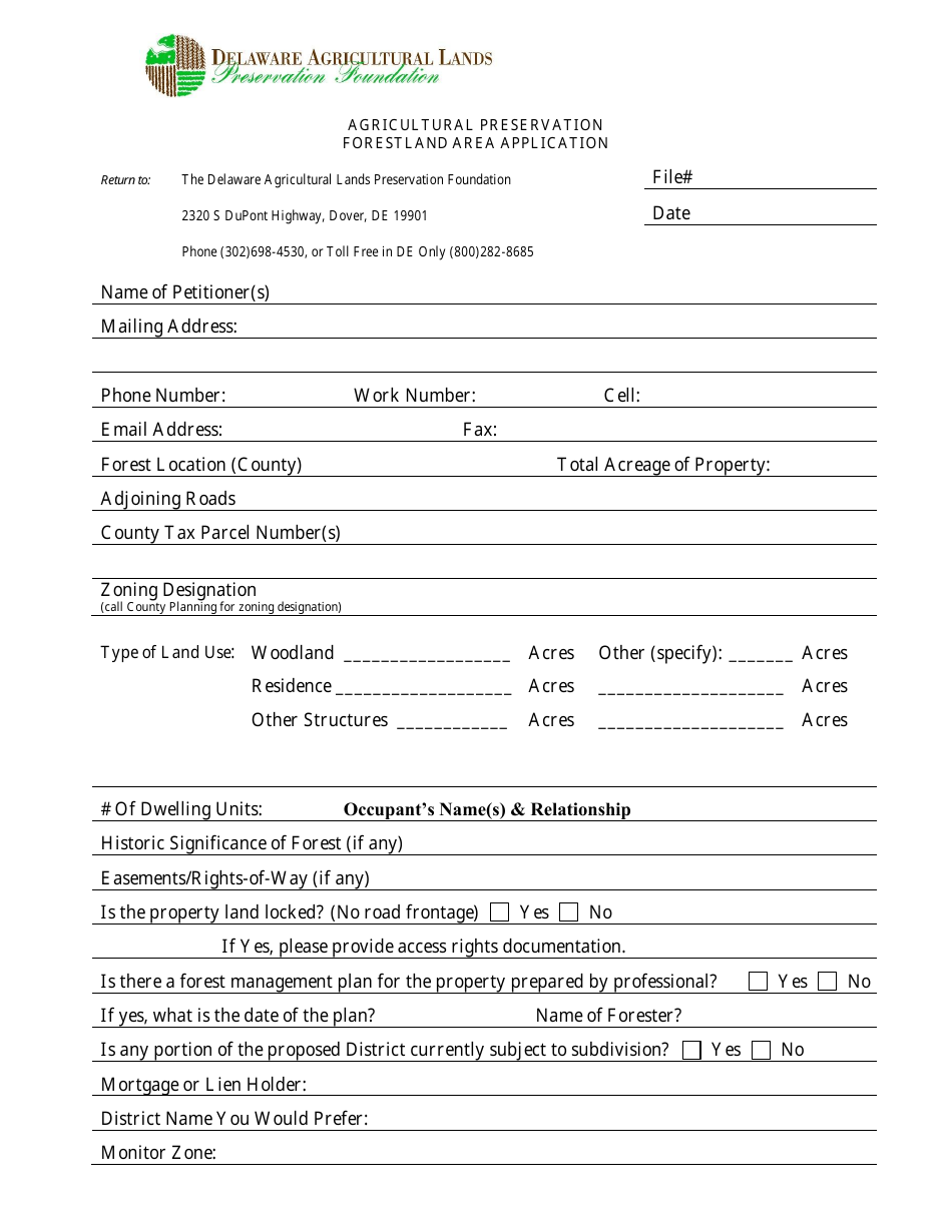 Delaware Agricultural Preservation Forestland Area Application Form ...