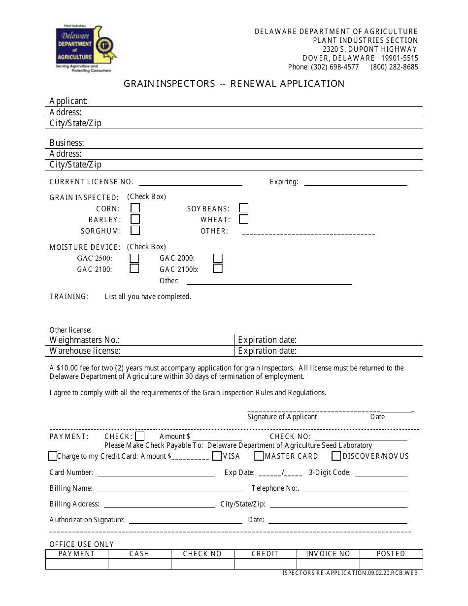 Delaware Grain Inspectors - Renewal Application Form - Fill Out, Sign ...