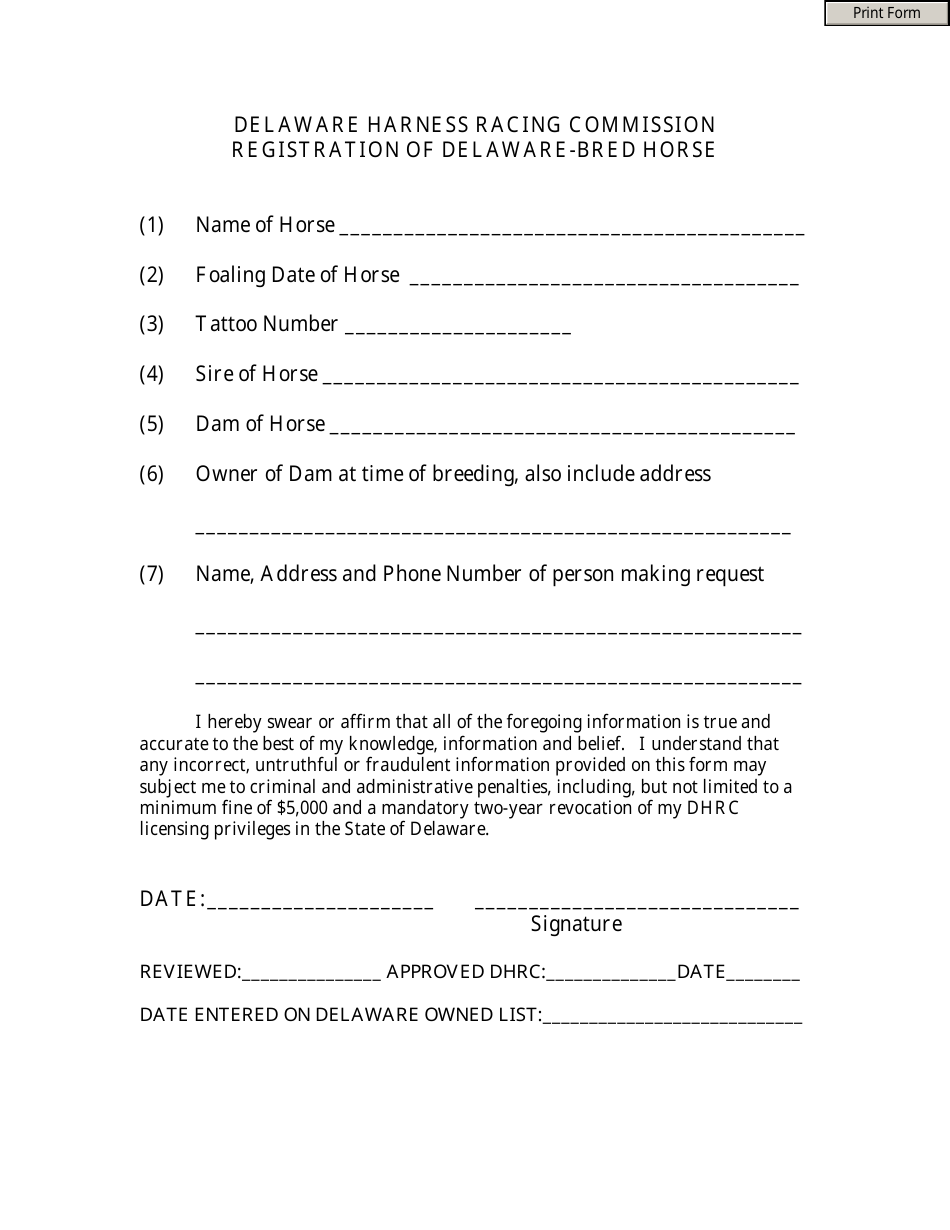 Delaware Registration of Delaware-Bred Horse - Fill Out, Sign Online ...