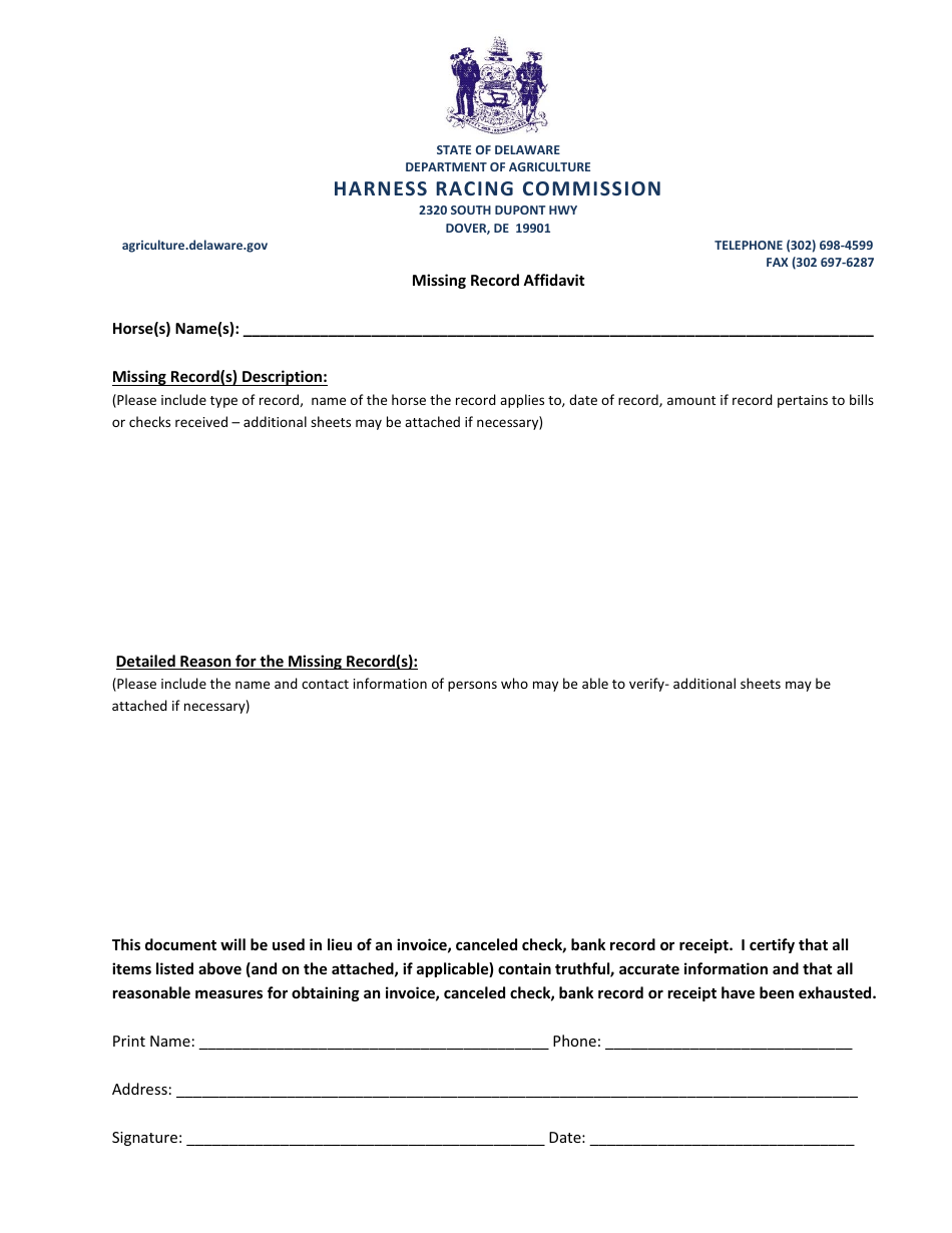 Delaware Missing Record Affidavit Form - Fill Out, Sign Online and ...