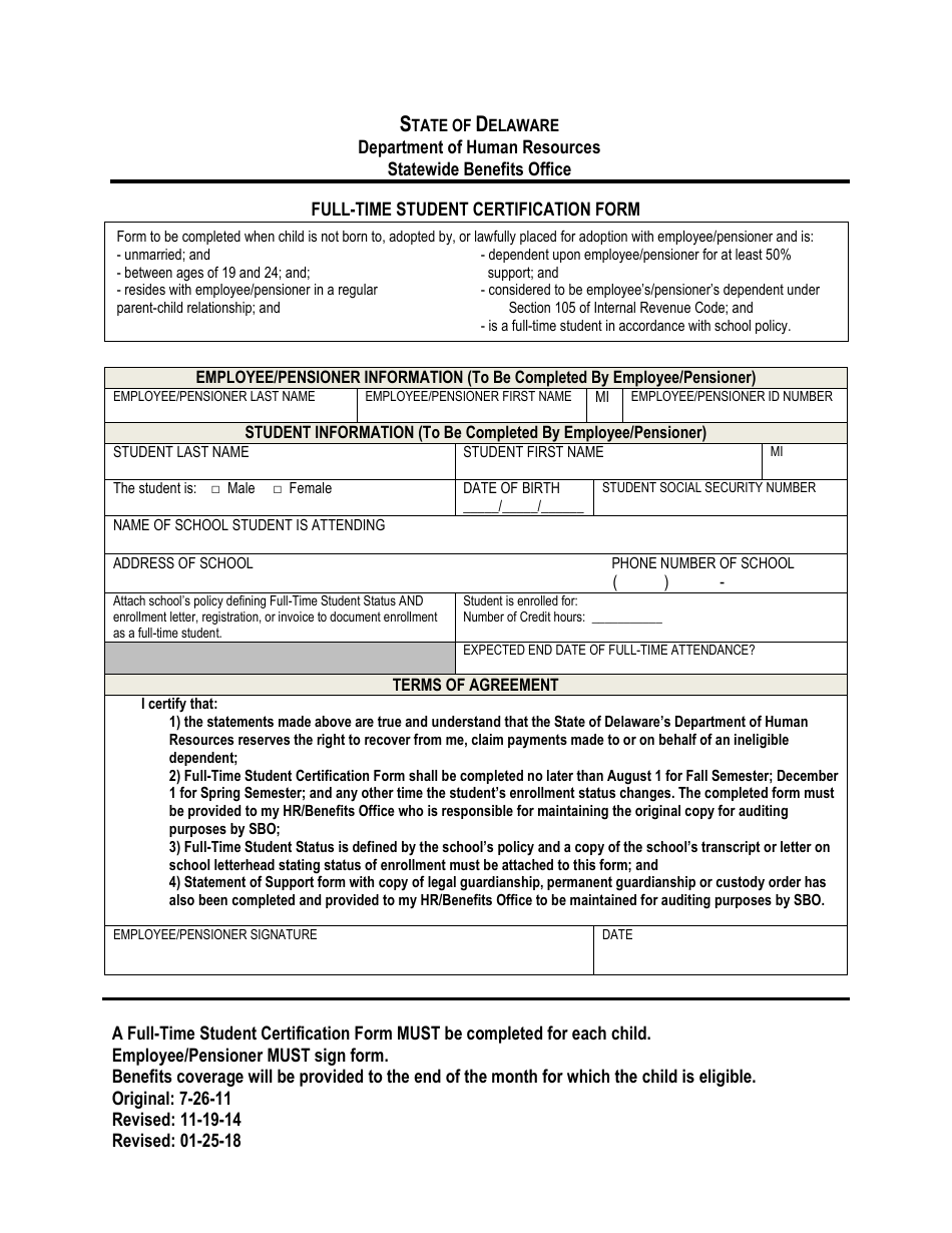 Delaware Full-Time Student Certification Form Download Printable PDF ...