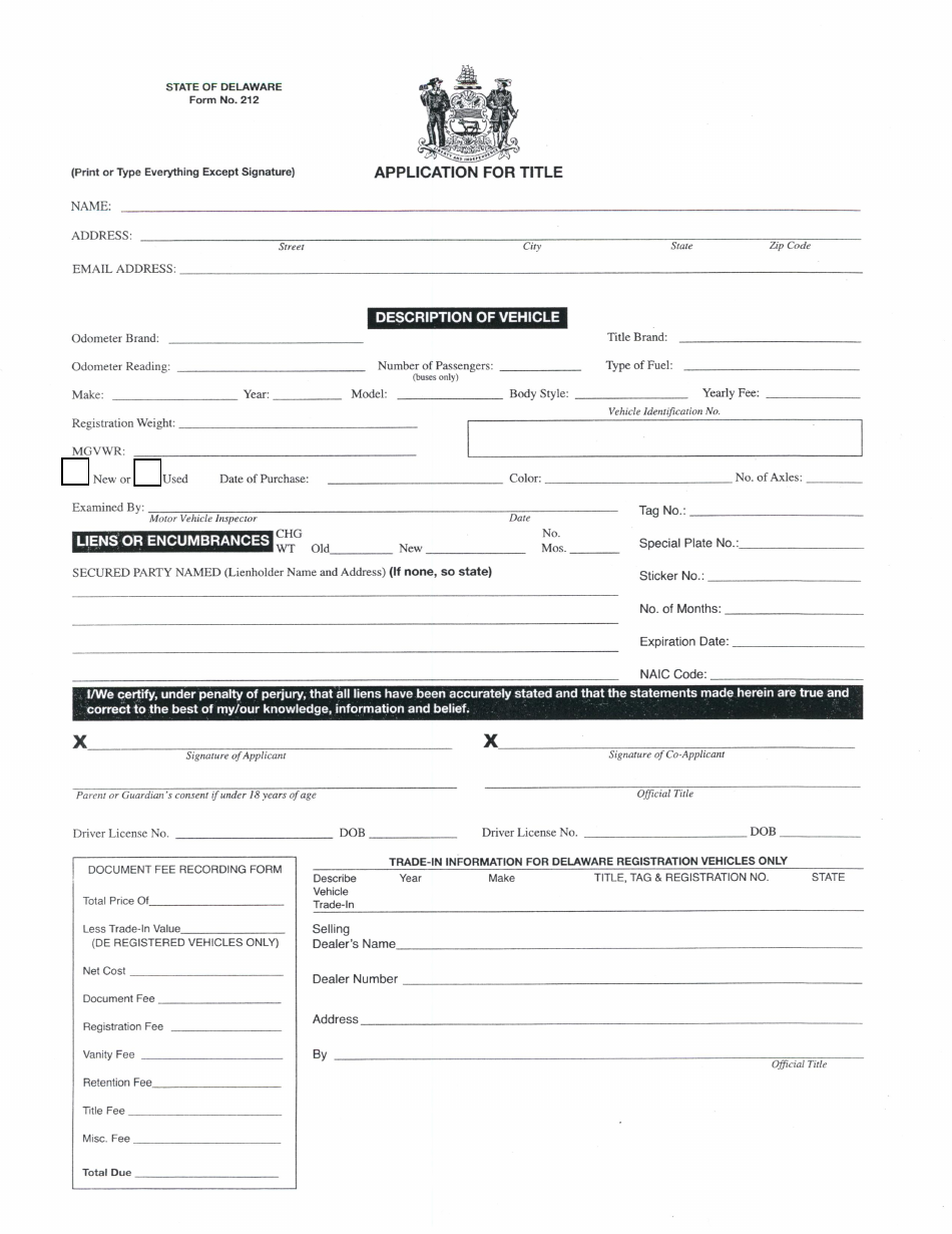 Form MV-212 - Fill Out, Sign Online and Download Fillable PDF, Delaware ...