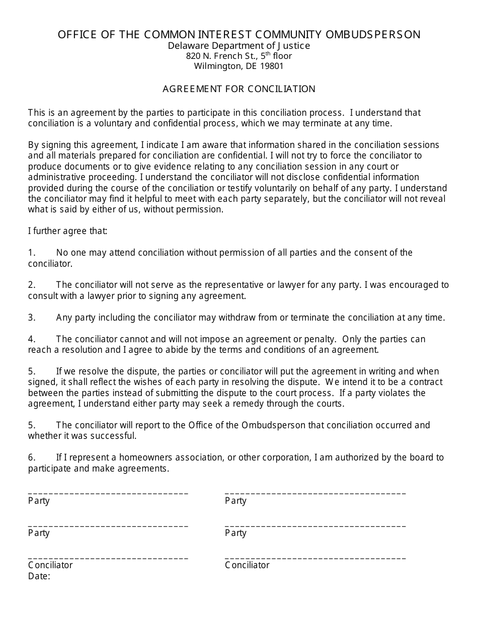 Delaware Agreement for Conciliation - Fill Out, Sign Online and ...