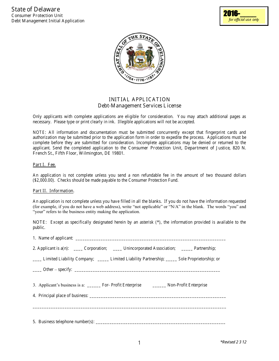 Delaware Initial Application Form - Debt-Management Services License ...