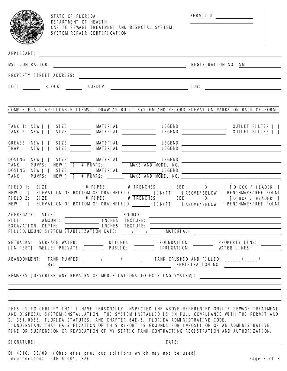 Form DH4016 - Fill Out, Sign Online and Download Fillable PDF, Florida ...