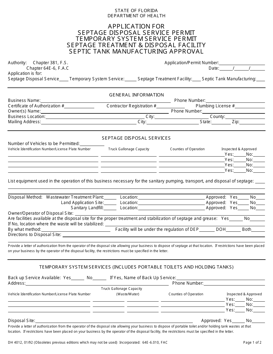 Form DH4012 - Fill Out, Sign Online and Download Printable PDF, Florida ...