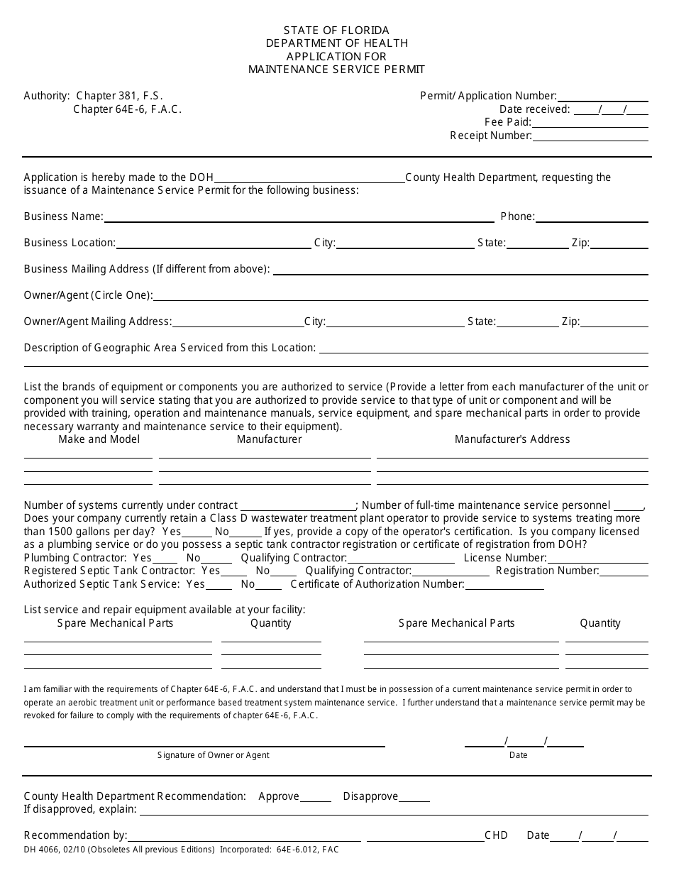 Form DH4066 - Fill Out, Sign Online and Download Printable PDF, Florida ...