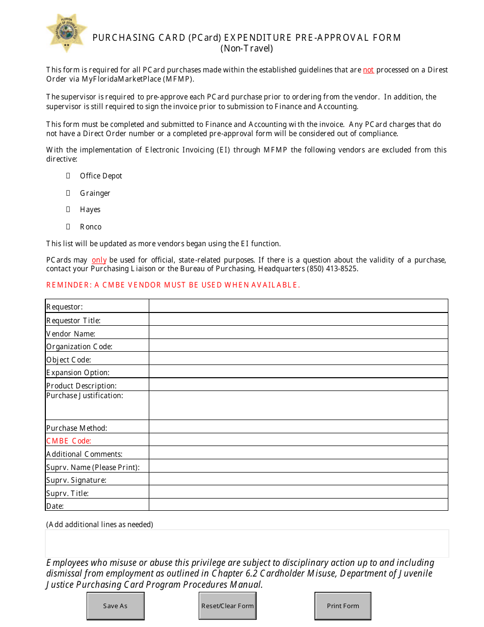 Florida Purchasing Card (Pcard) Expenditure Pre-approval Form (Non ...