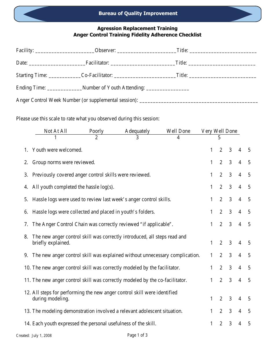 Florida Anger Control Training Fidelity Adherence Checklist - Agression ...
