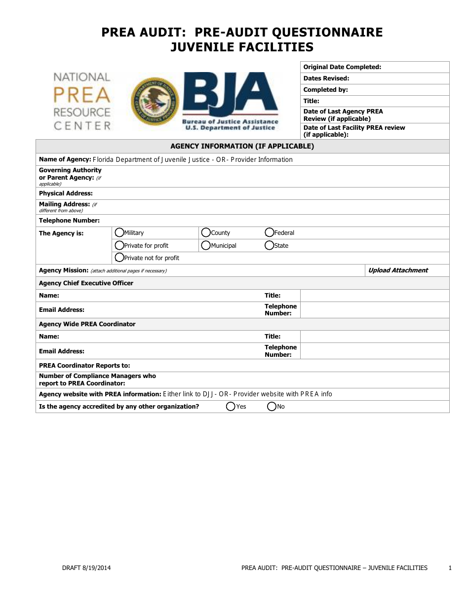Florida Prea Audit - Pre-audit Questionnaire Form - Juvenile Facilities ...