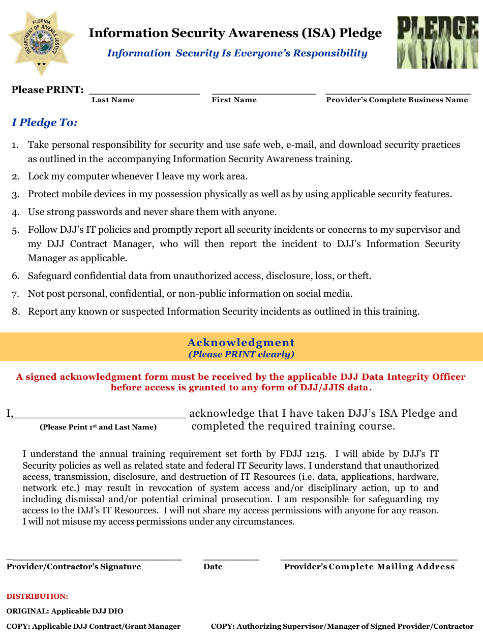 Florida Information Security Awareness (Isa) Pledge Form - Fill Out ...