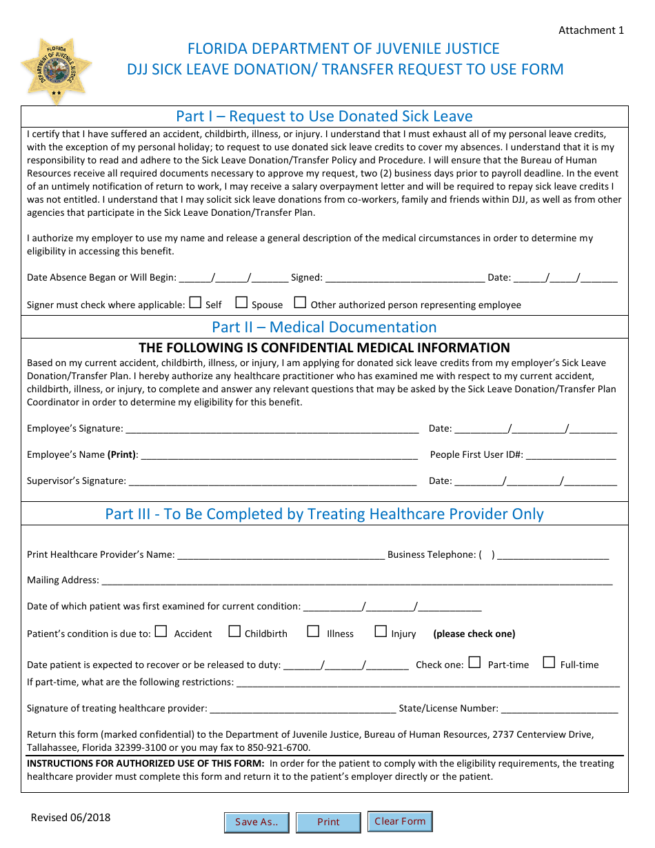 Florida DJJ Sick Leave Donation/ Transfer Request to Use Form - Fill Out, Sign Online and ...