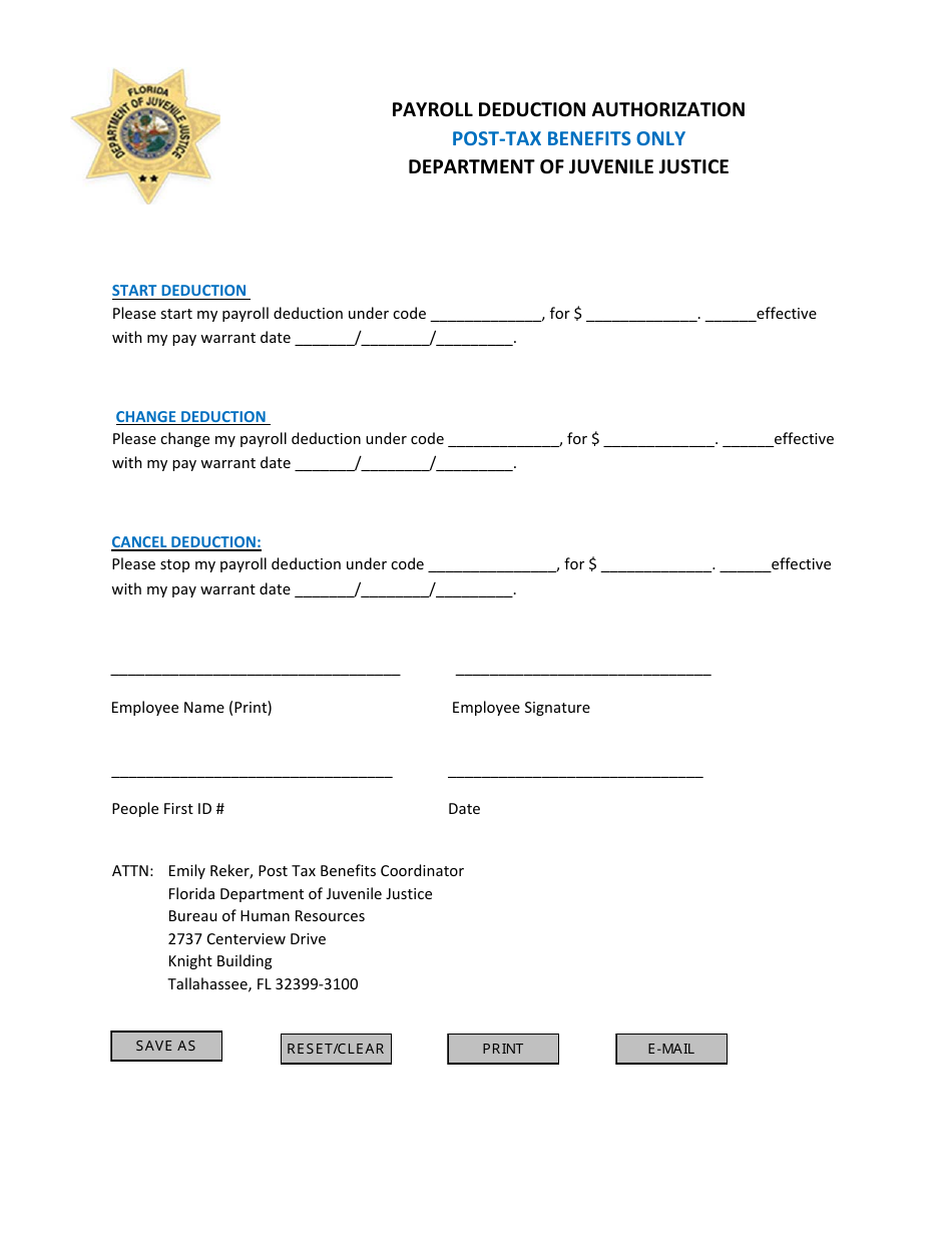 Florida Payroll Deduction Authorization Form - Post-tax Benefits Only ...
