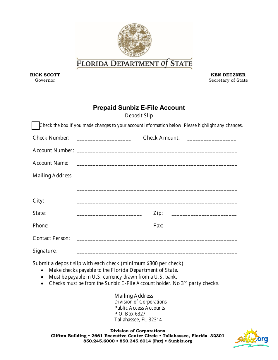 Florida Prepaid Sunbiz E-File Account - Deposit Slip Form - Fill Out ...