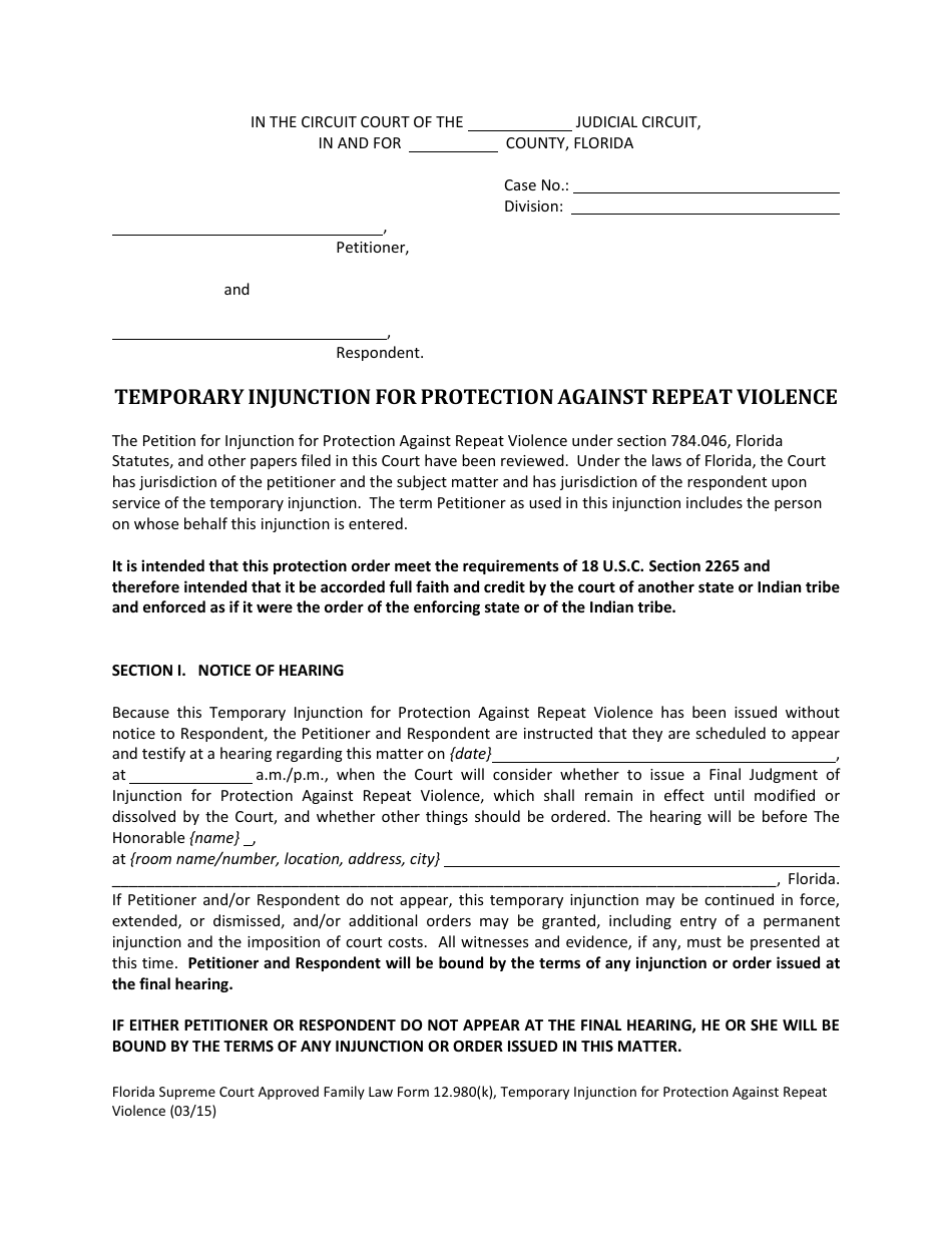 Form 12.980(K) - Fill Out, Sign Online and Download Fillable PDF, Florida | Templateroller