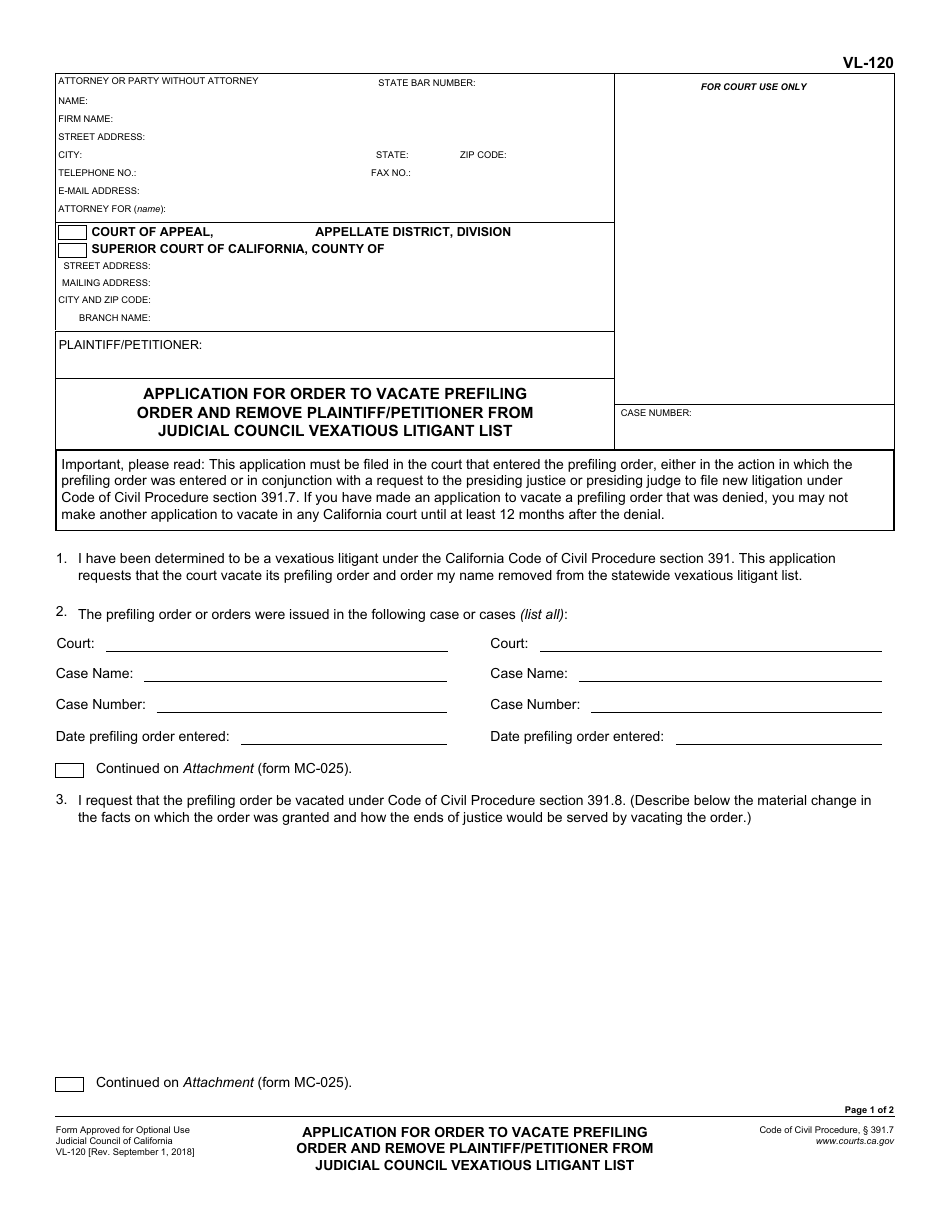 Form VL-120 - Fill Out, Sign Online and Download Fillable PDF ...