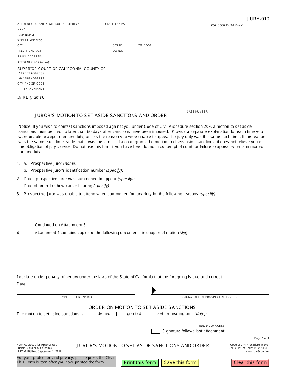 Form JURY-010 - Fill Out, Sign Online and Download Fillable PDF ...