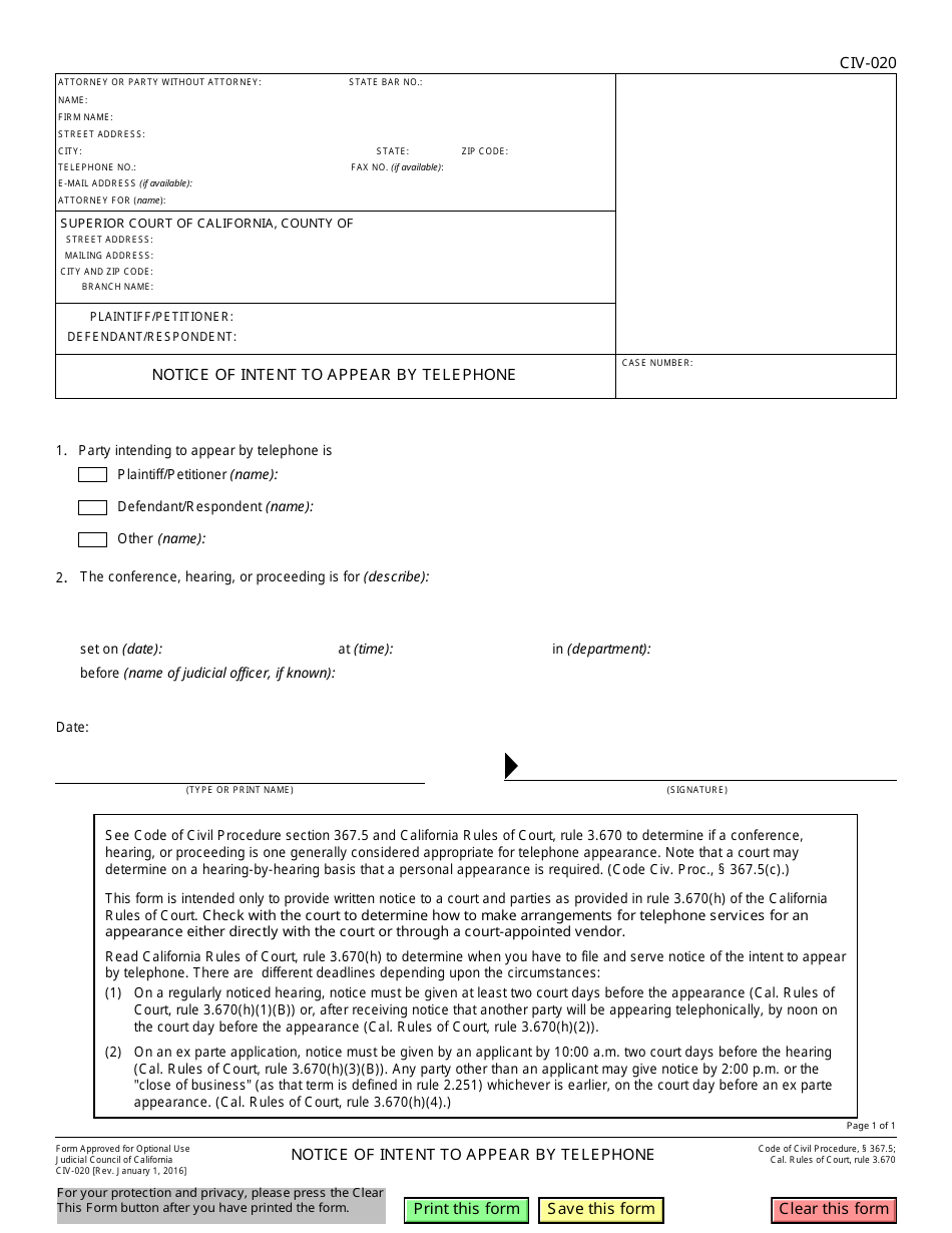 Form CIV-020 - Fill Out, Sign Online and Download Fillable PDF ...