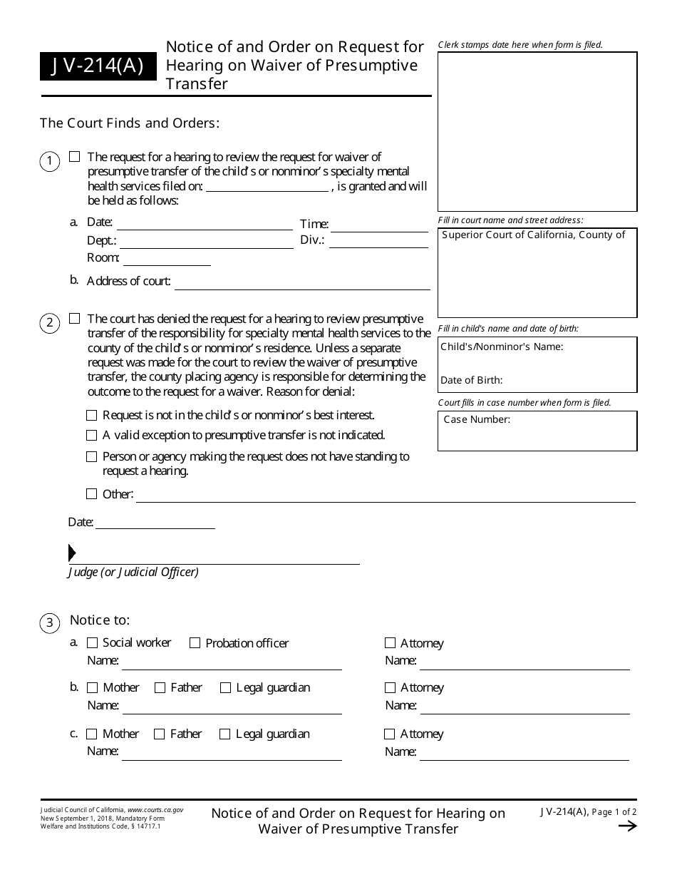 Form JV-214(A) - Fill Out, Sign Online and Download Fillable PDF ...