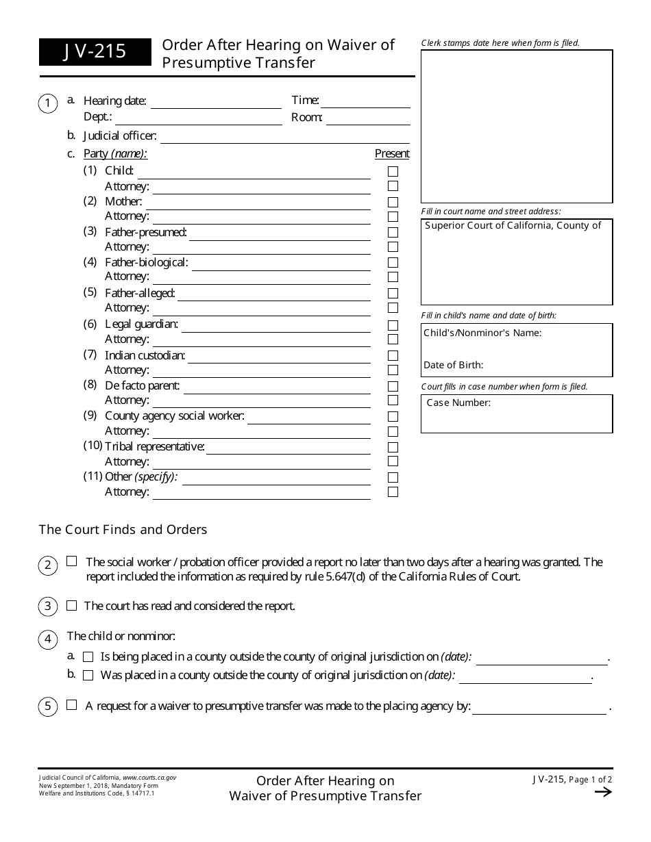 Form JV-215 - Fill Out, Sign Online and Download Fillable PDF ...