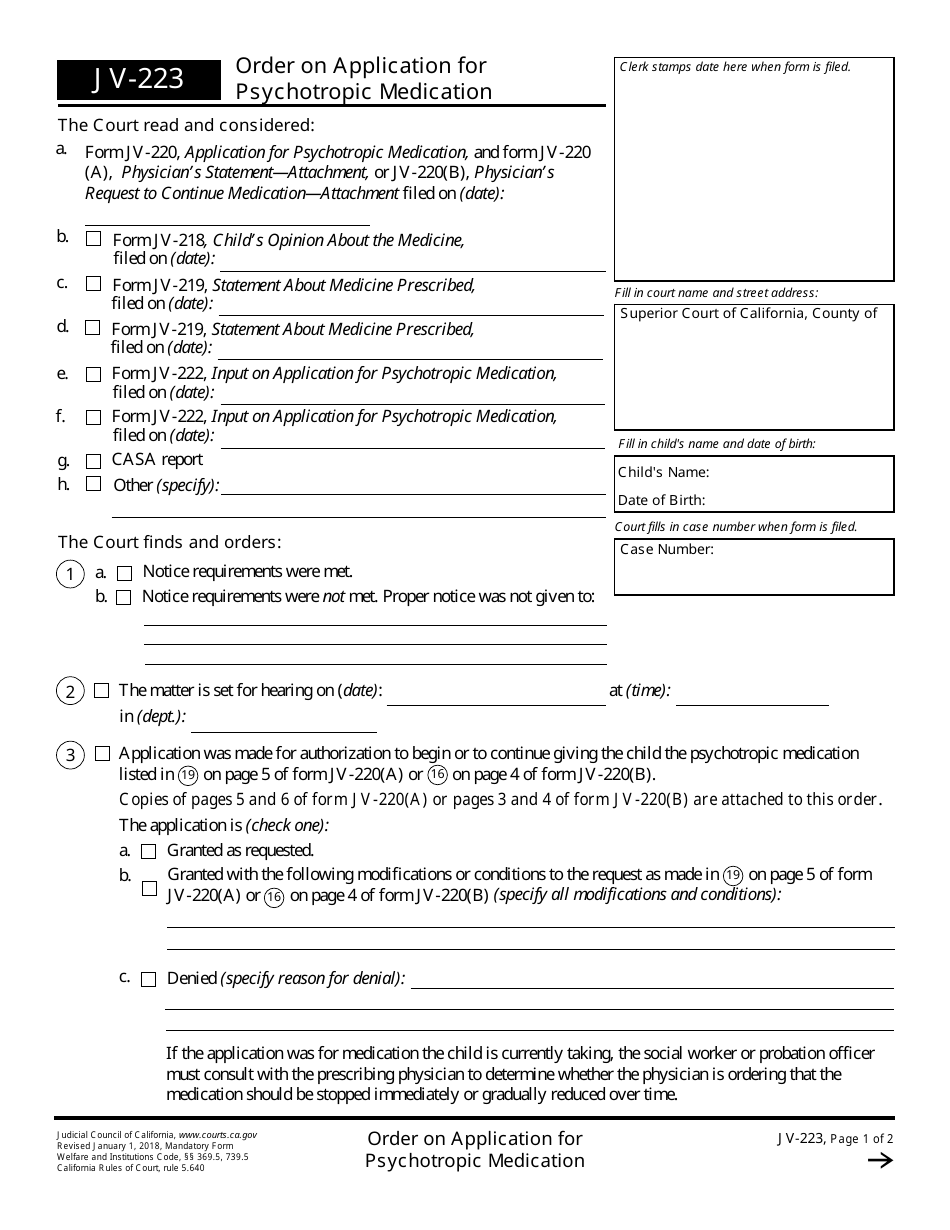 Form JV-223 - Fill Out, Sign Online and Download Fillable PDF ...