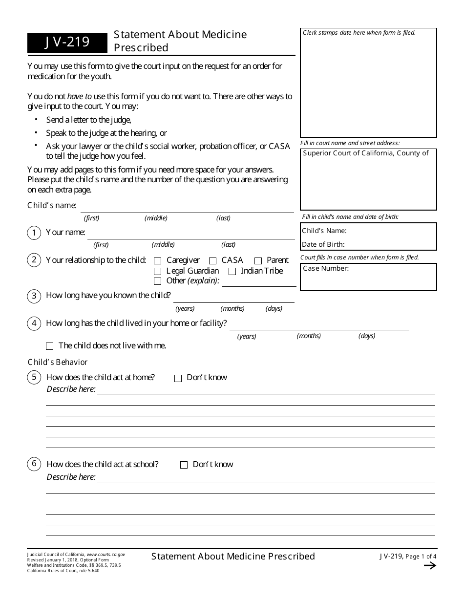 Form JV-219 - Fill Out, Sign Online and Download Fillable PDF ...