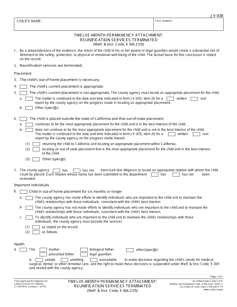 Form JV-438 - Fill Out, Sign Online and Download Fillable PDF ...