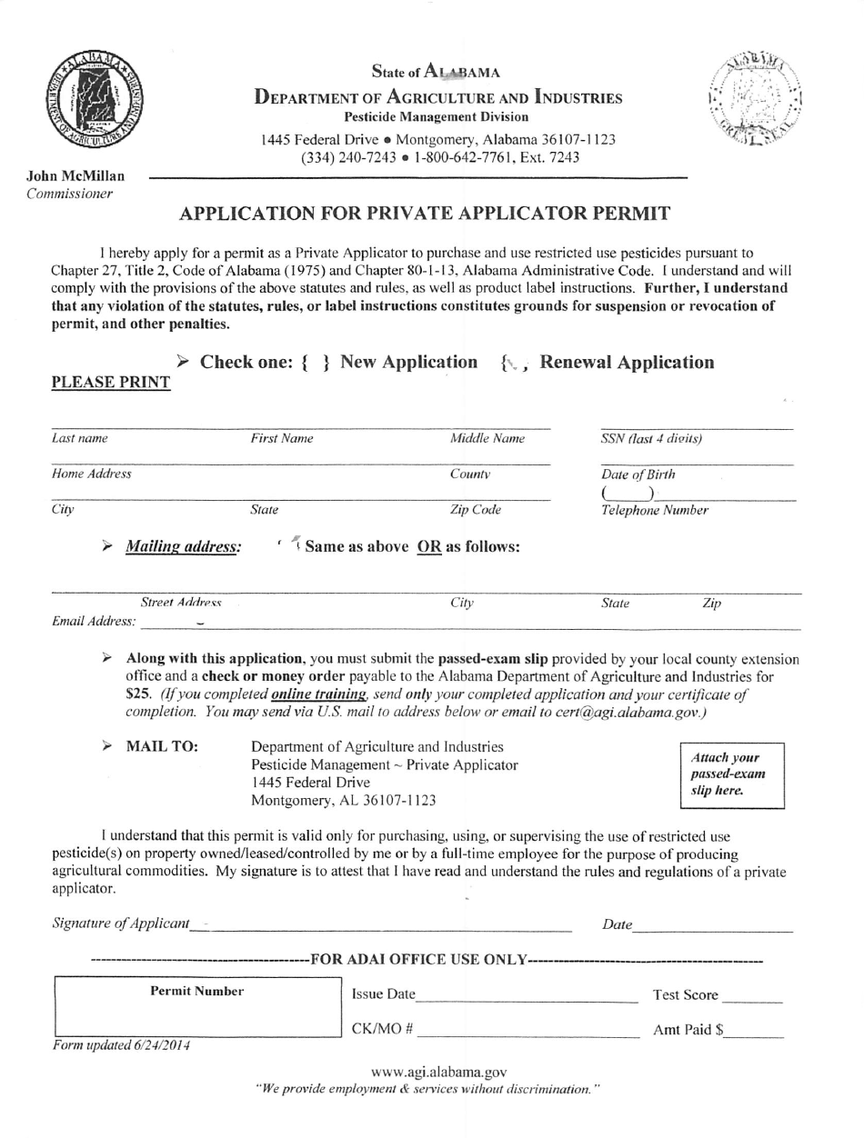 Alabama Application for Private Applicator Permit - Fill Out, Sign ...