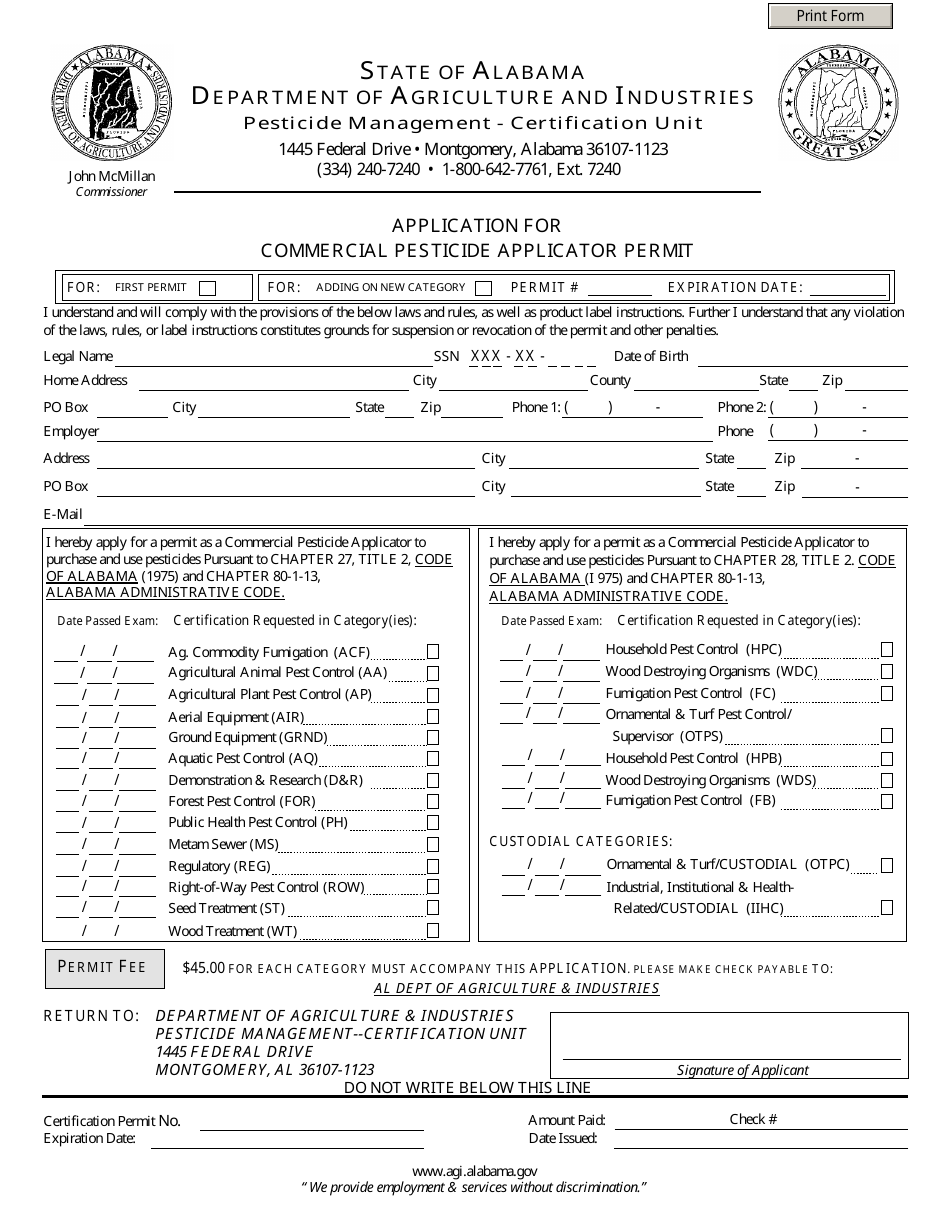 Alabama Application for Commercial Pesticide Applicator Permit (First ...