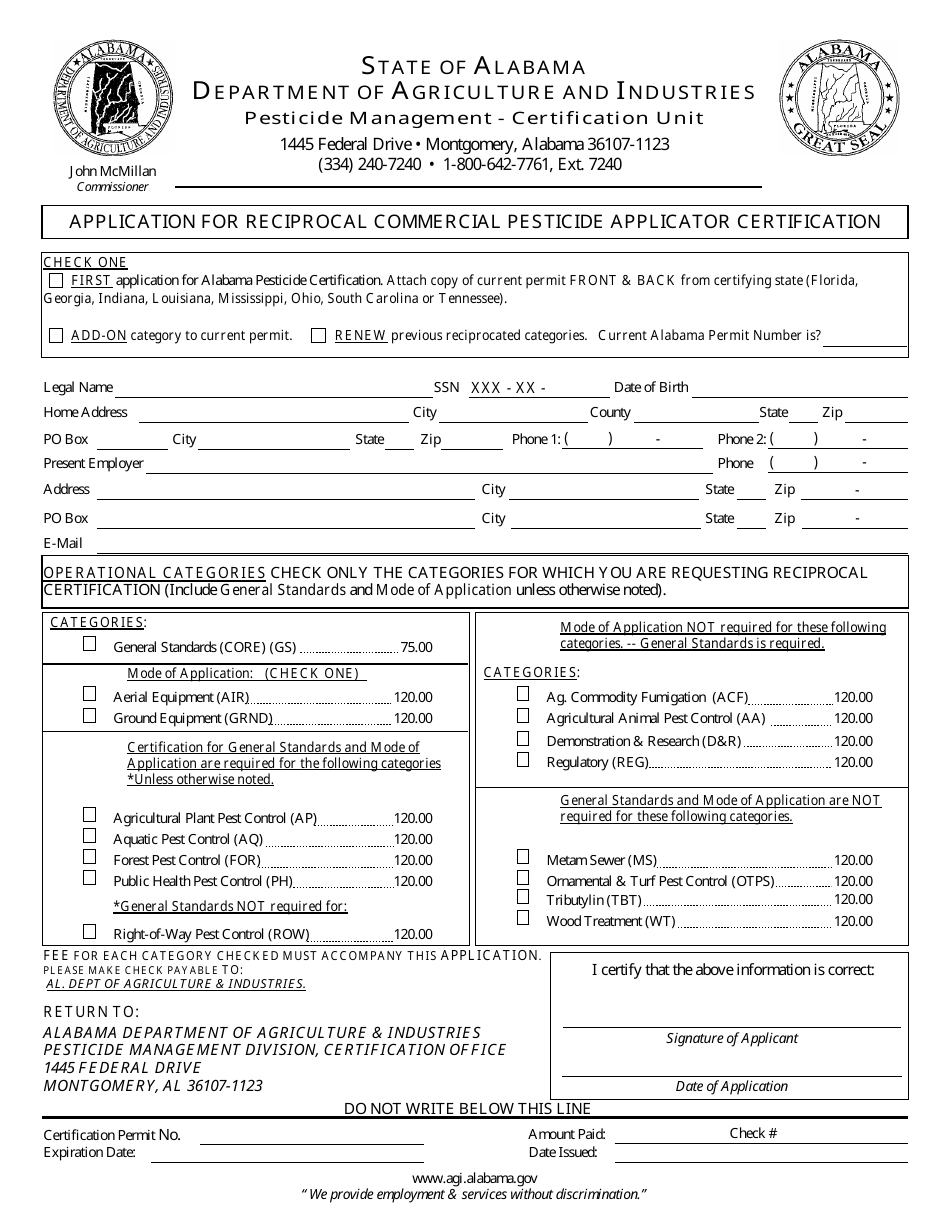 Alabama Application for Reciprocal Commercial Pesticide Applicator ... Alabama Application for Reciprocal Commercial Pesticide Applicator ...