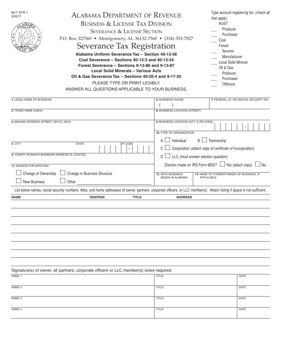 Form STR-1 - Fill Out, Sign Online and Download Printable PDF, Alabama ...